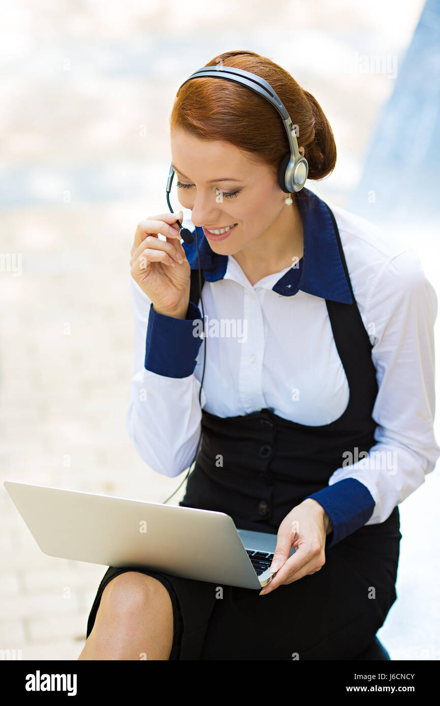 Closeup portrait young happy successful business woman customer service ...
