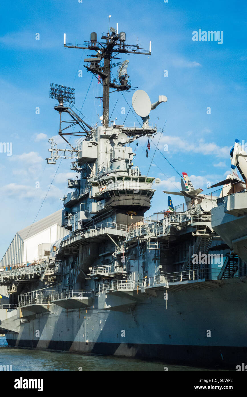 Aircraft carrier control tower steel ship museum blue sky Stock Photo ...