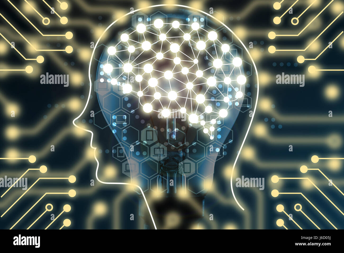 Machine learning and artificial intelligence concept. Brain connection ...