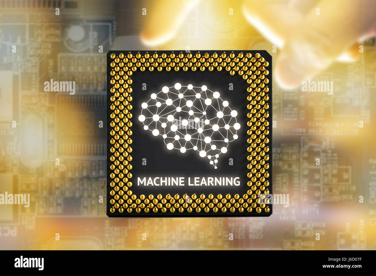 Machine learning and artificial intelligence concept. Brain connection learning on central ...
