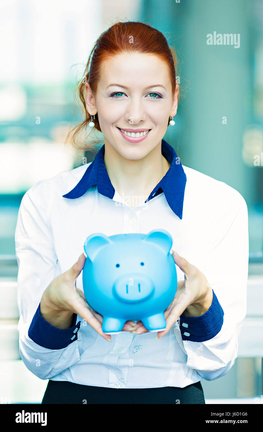 Closeup portrait happy, smiling business woman, bank employee holding ...