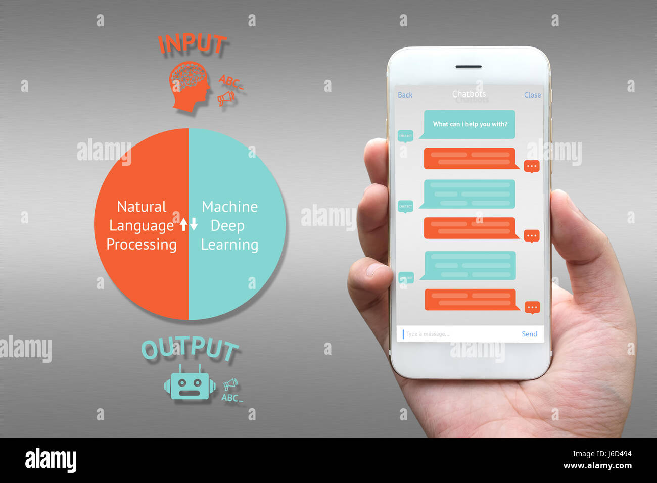 Chat bot process and future marketing concept. Businessman hand holding ...