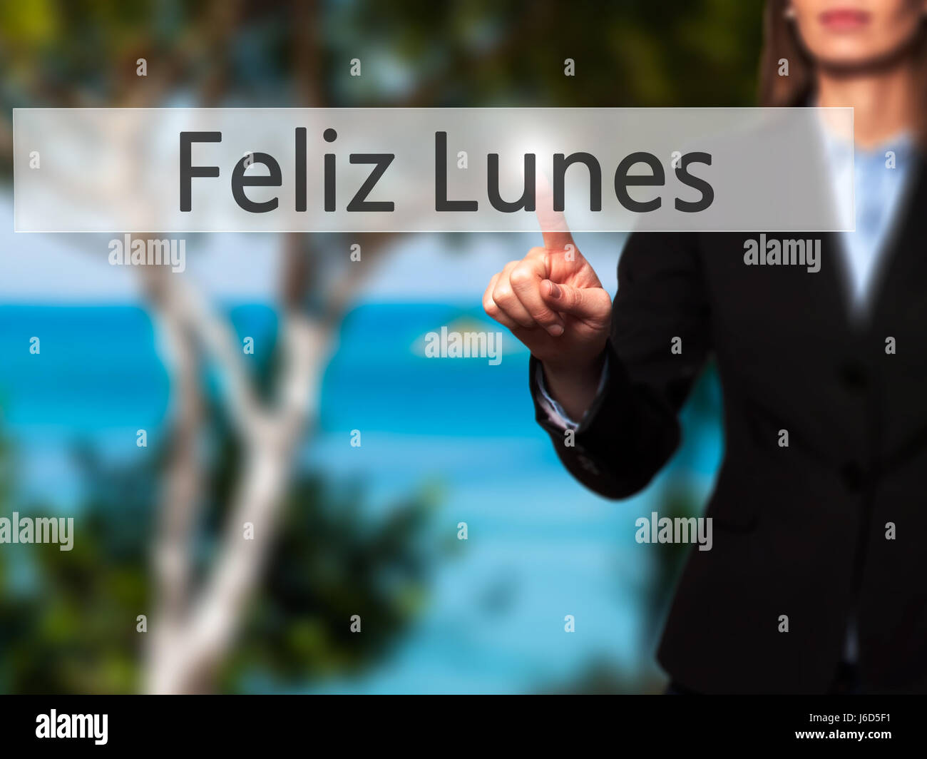 Feliz Lunes (Happy Monday In Spanish) - Businesswoman hand pressing ...