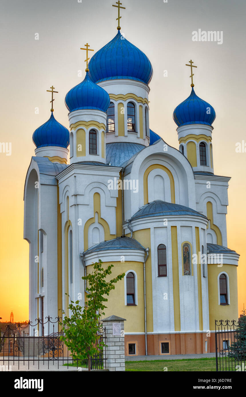 Brest, Belarus - August 5, 2015: Christian church with blue domes and ...