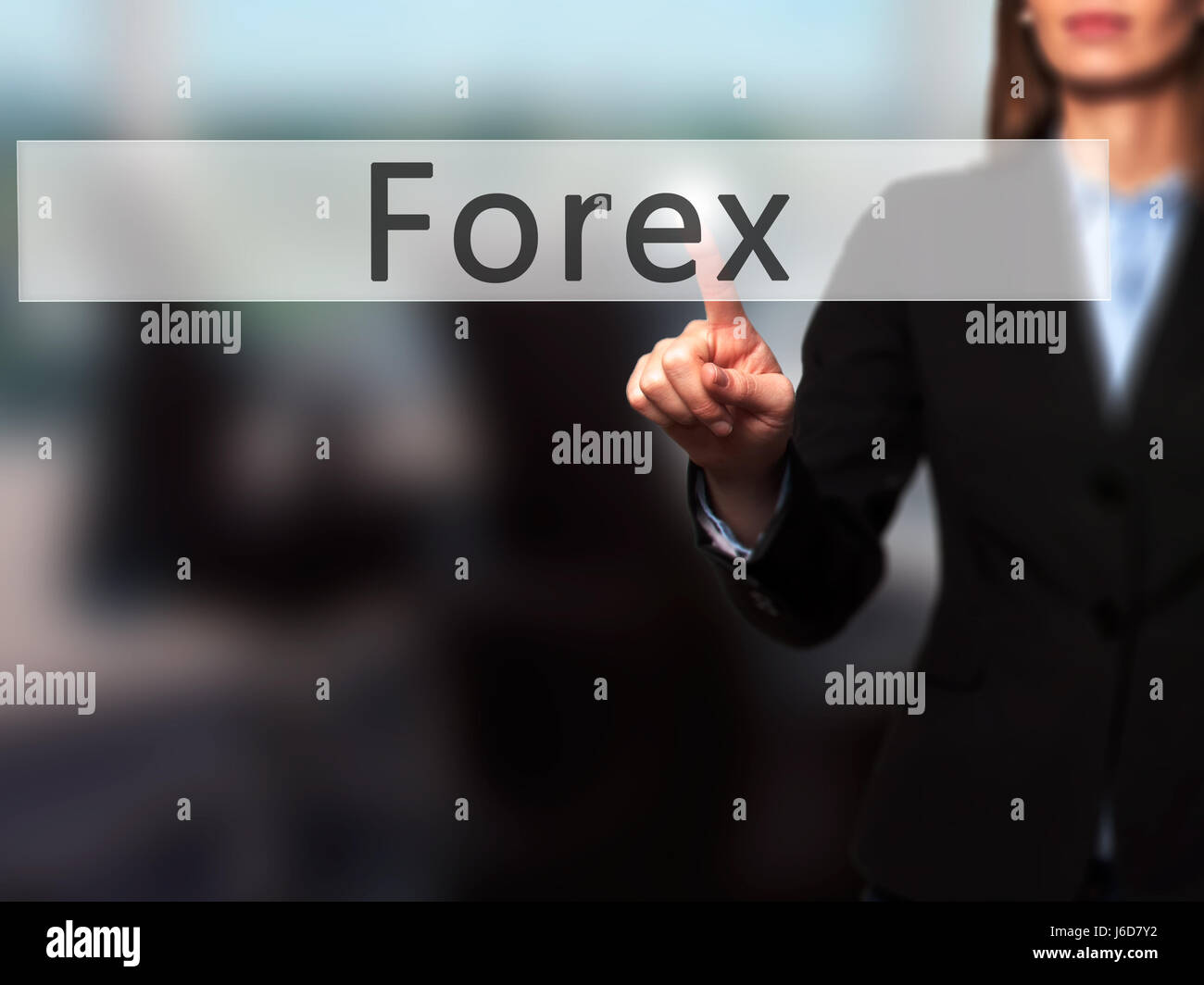 Forex - Businesswoman hand pressing button on touch screen interface ...