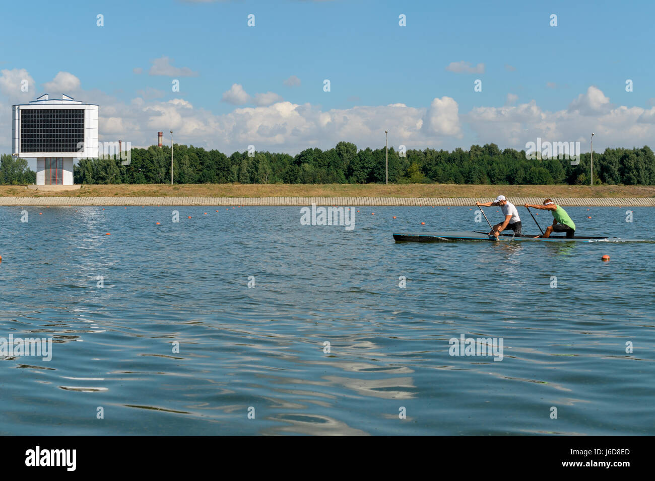 Brest, Belarus - August 14, 2015: Training athletes kayaking ...