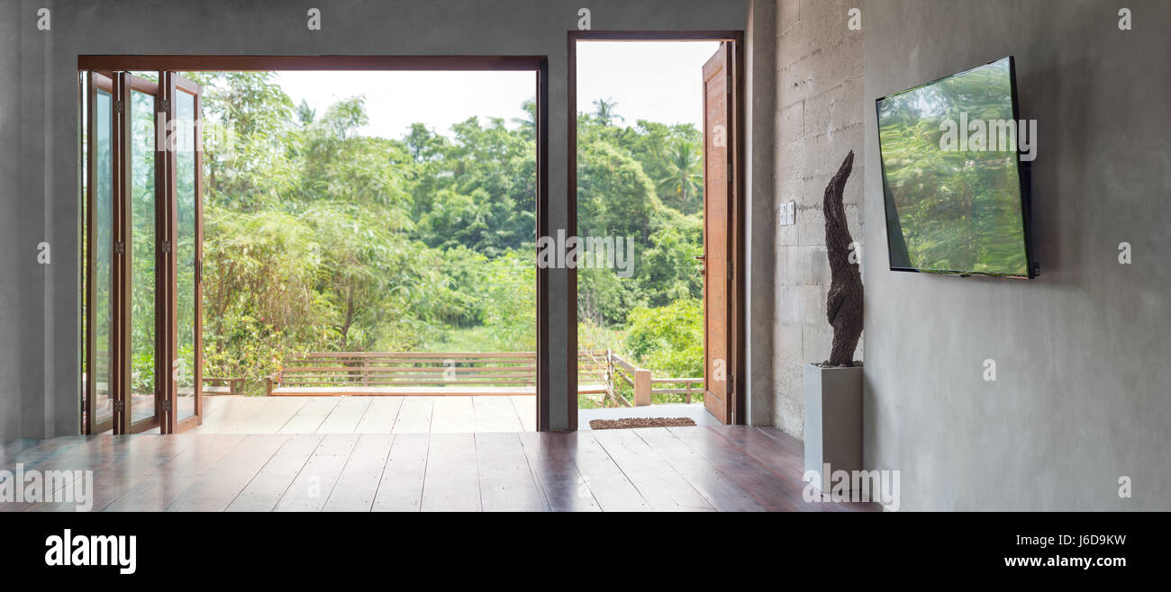 Living room interior tall windows with old wooden floors Stock Photo ...