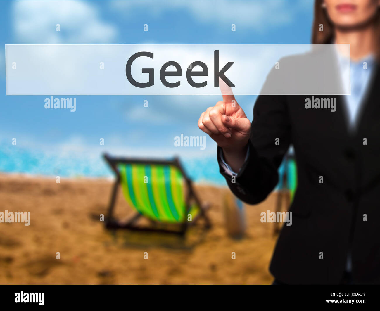 Geek - Businesswoman pressing high tech modern button on a virtual ...