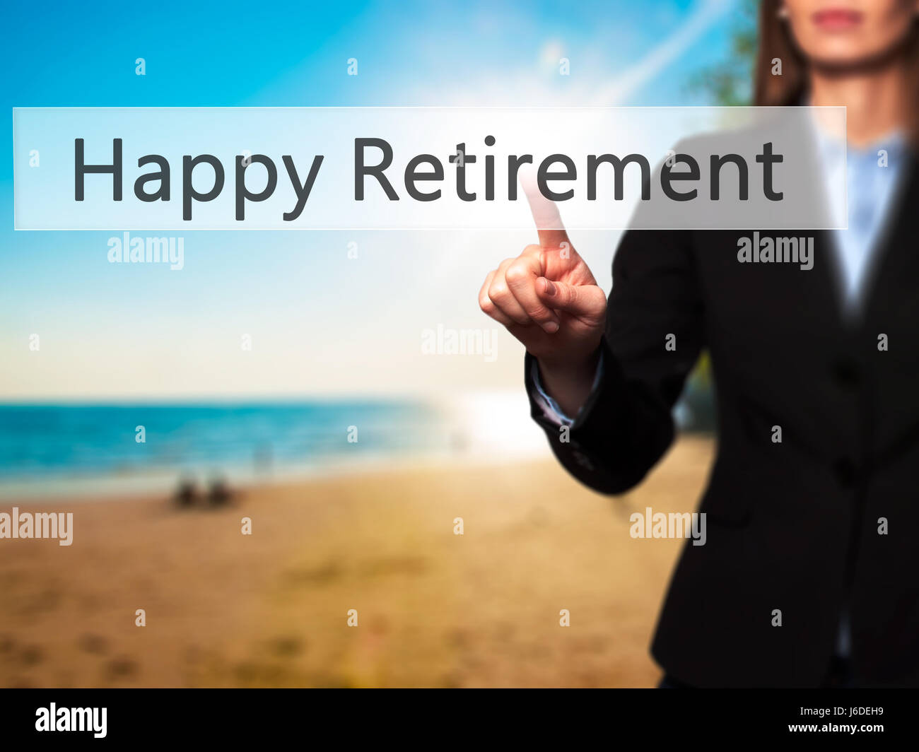 Happy Retirement - Businesswoman hand pressing button on touch screen ...