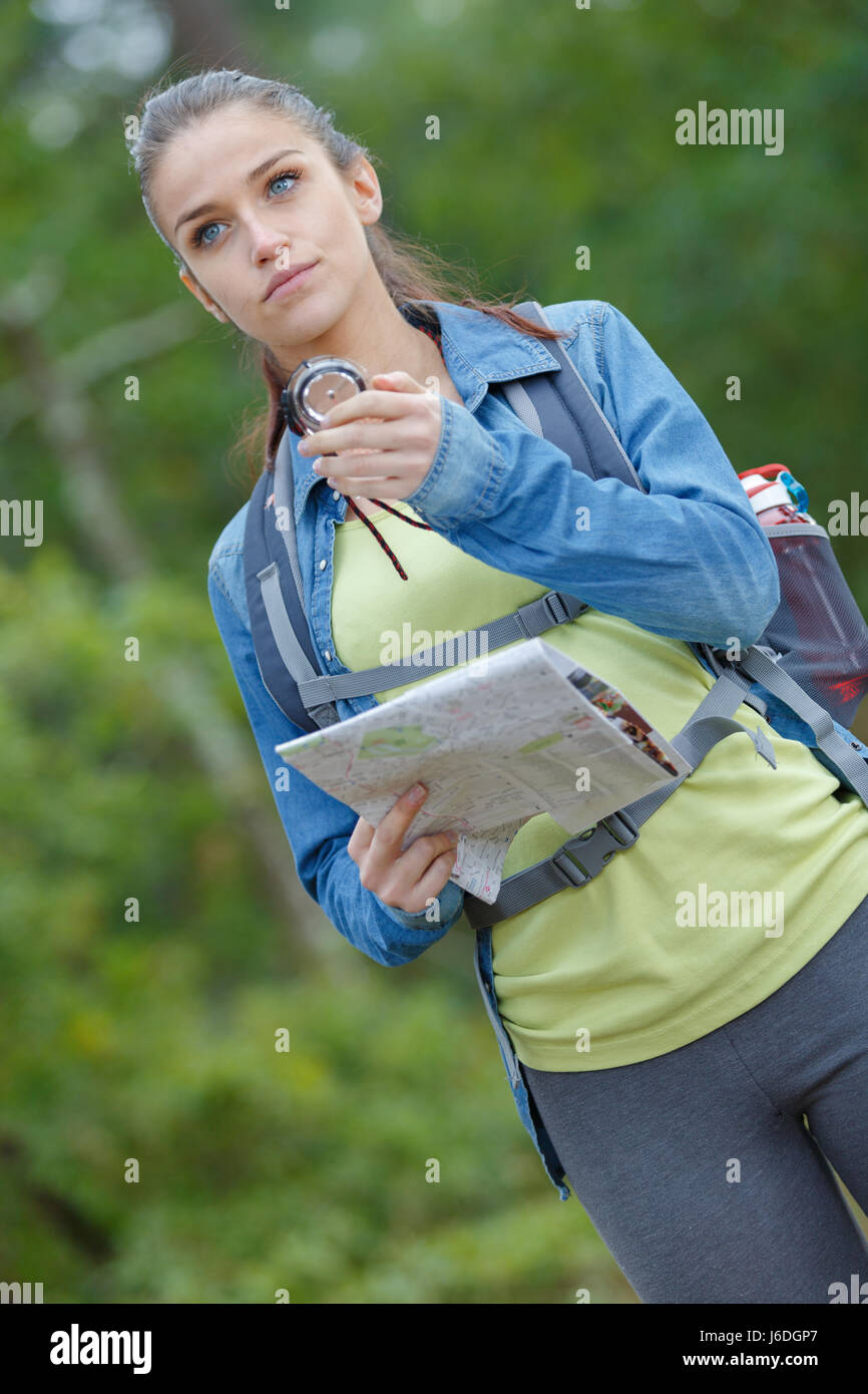 Female rambler using a compass Stock Photo - Alamy