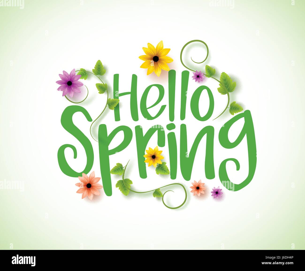 Hello Spring Vector Design with Fresh Plants and Flowers Elements for ...