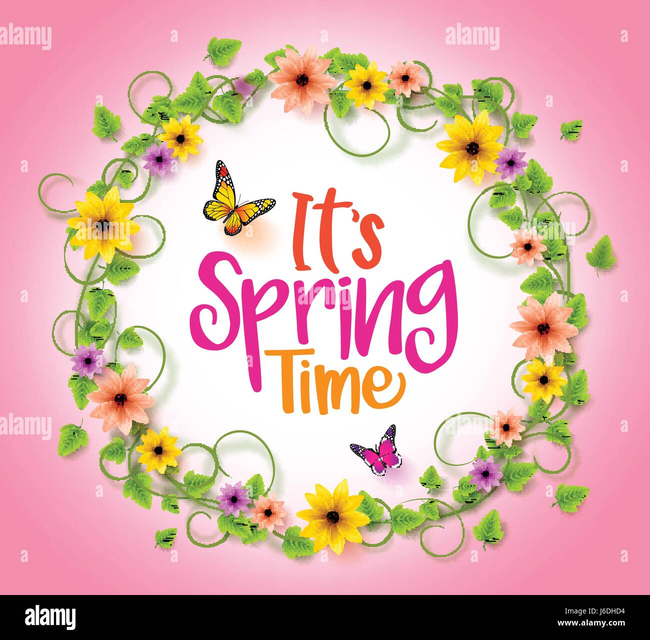 Spring Time in a Circle Frame with Wreath of Colorful Flowers, Vines ...