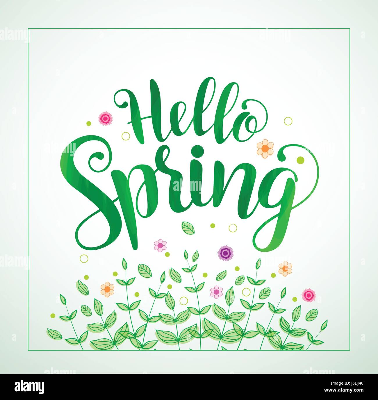 Hello spring typography vector banner design in green color with plants ...