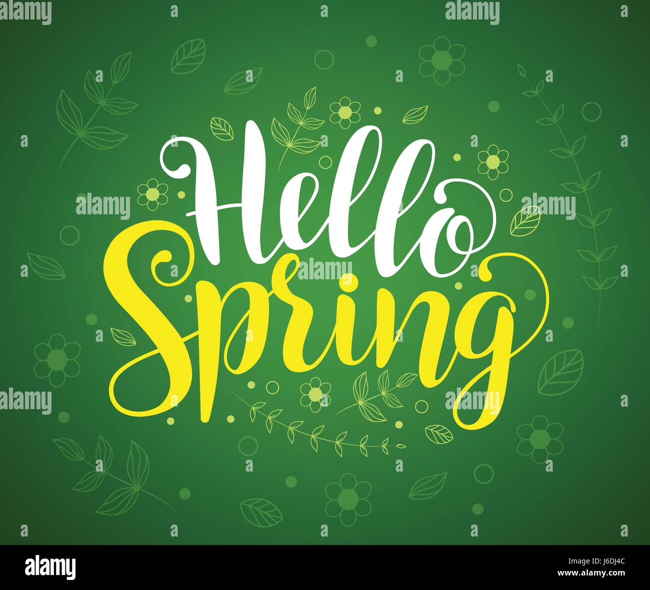 Hello spring text typography vector banner design in green background ...