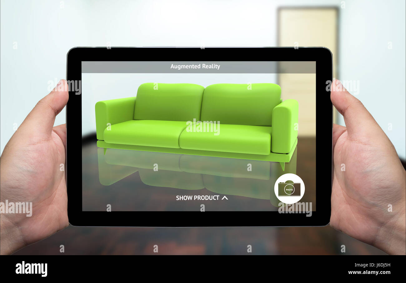 Augmented reality marketing technology concept. Hand holding tablet use ...