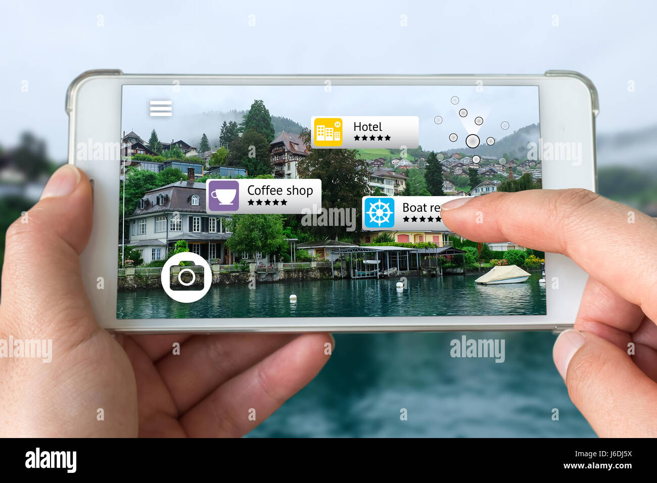 Augmented reality marketing concept. Hand holding smart phone use AR ...