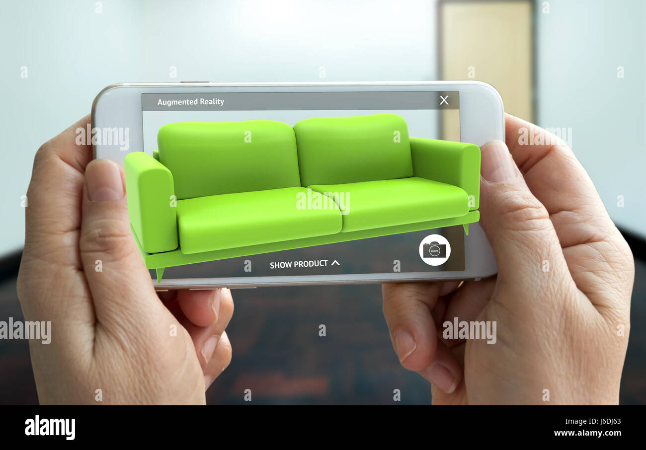 Augmented reality marketing technology concept. Hand holding smart ...