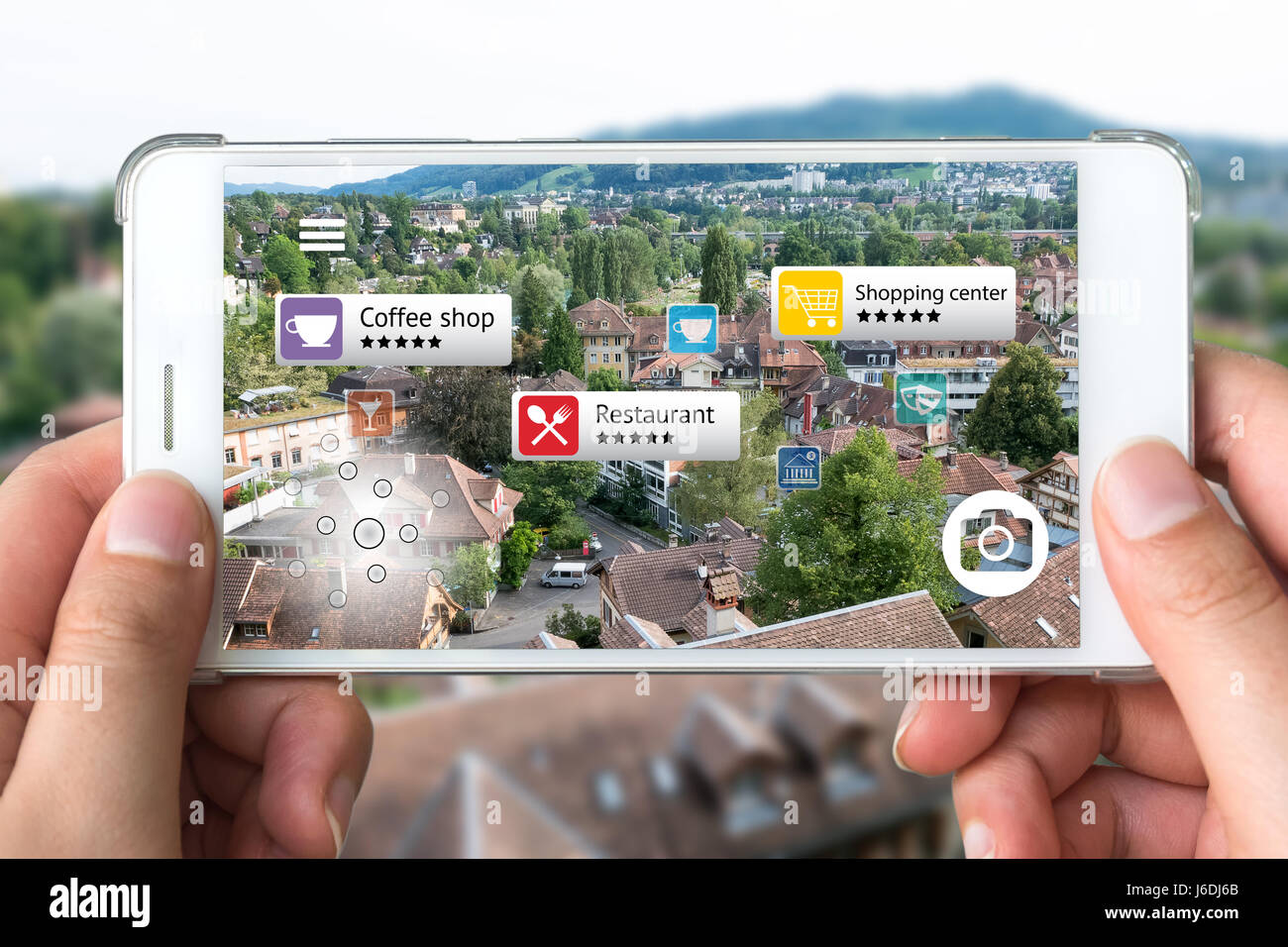 Augmented reality marketing concept. Hand holding smart phone use AR ...