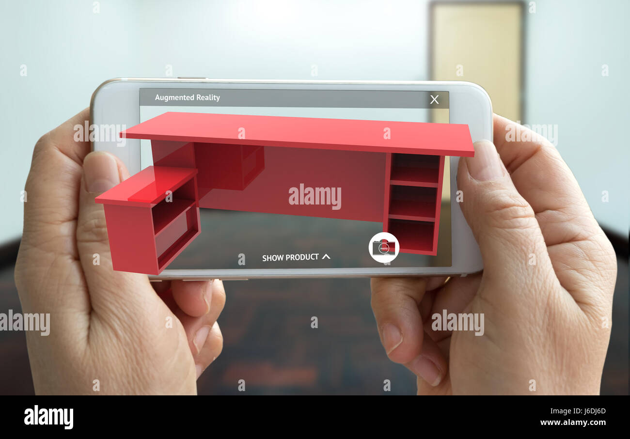 Augmented reality marketing technology concept. Hand holding smart ...
