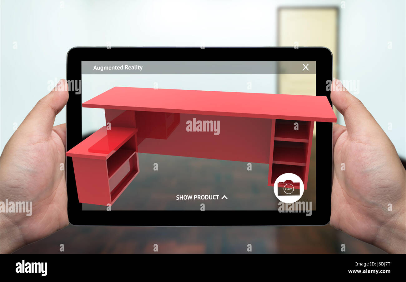 Augmented reality marketing technology concept. Hand holding tablet use ...