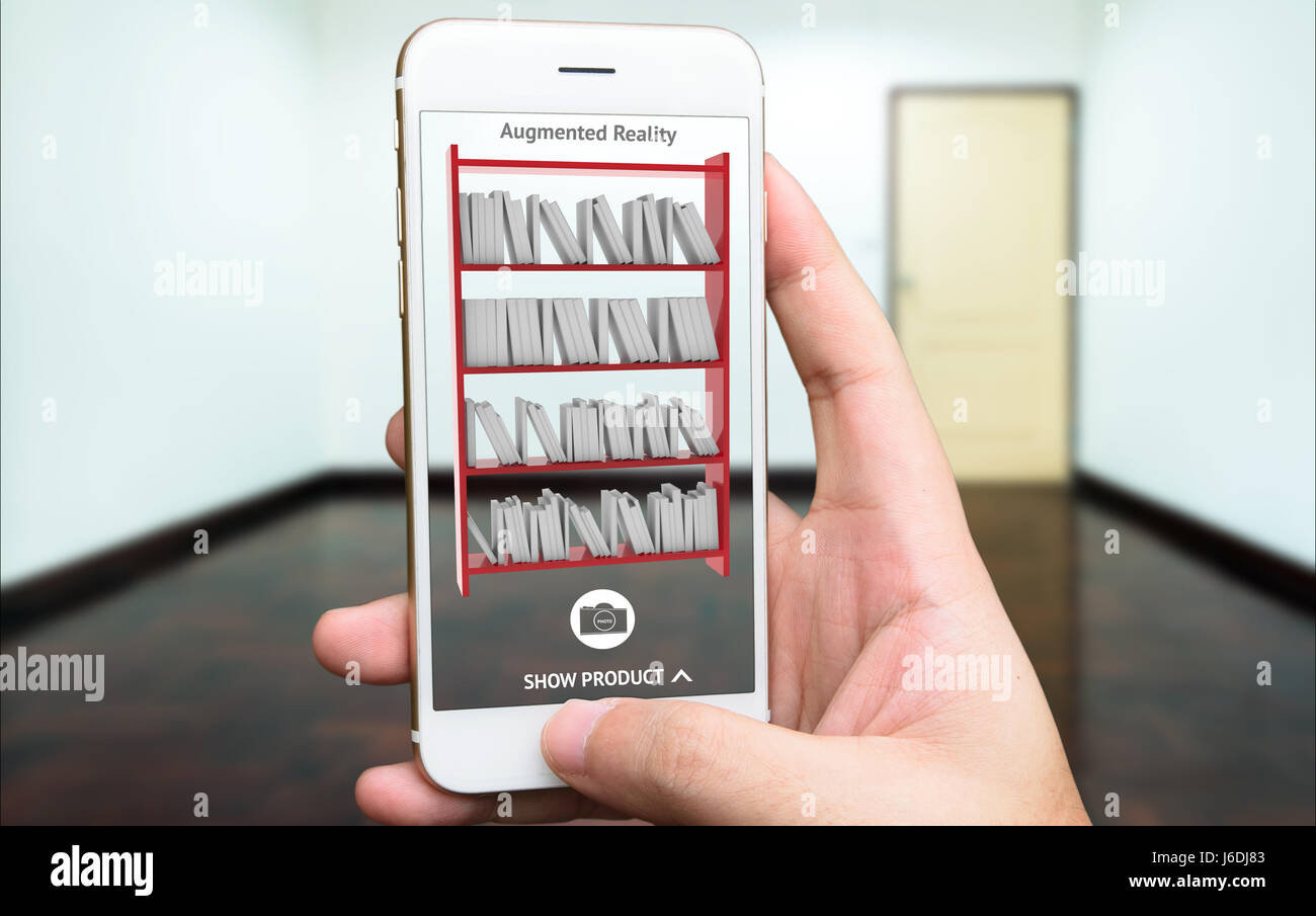 Augmented reality marketing technology concept. Hand holding smart ...