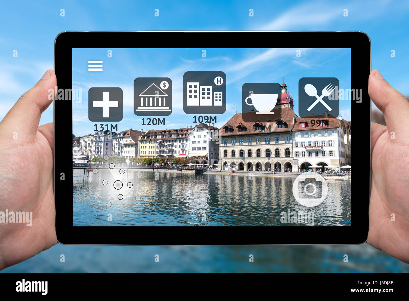 Augmented reality marketing concept. Hand holding smart phone use AR ...