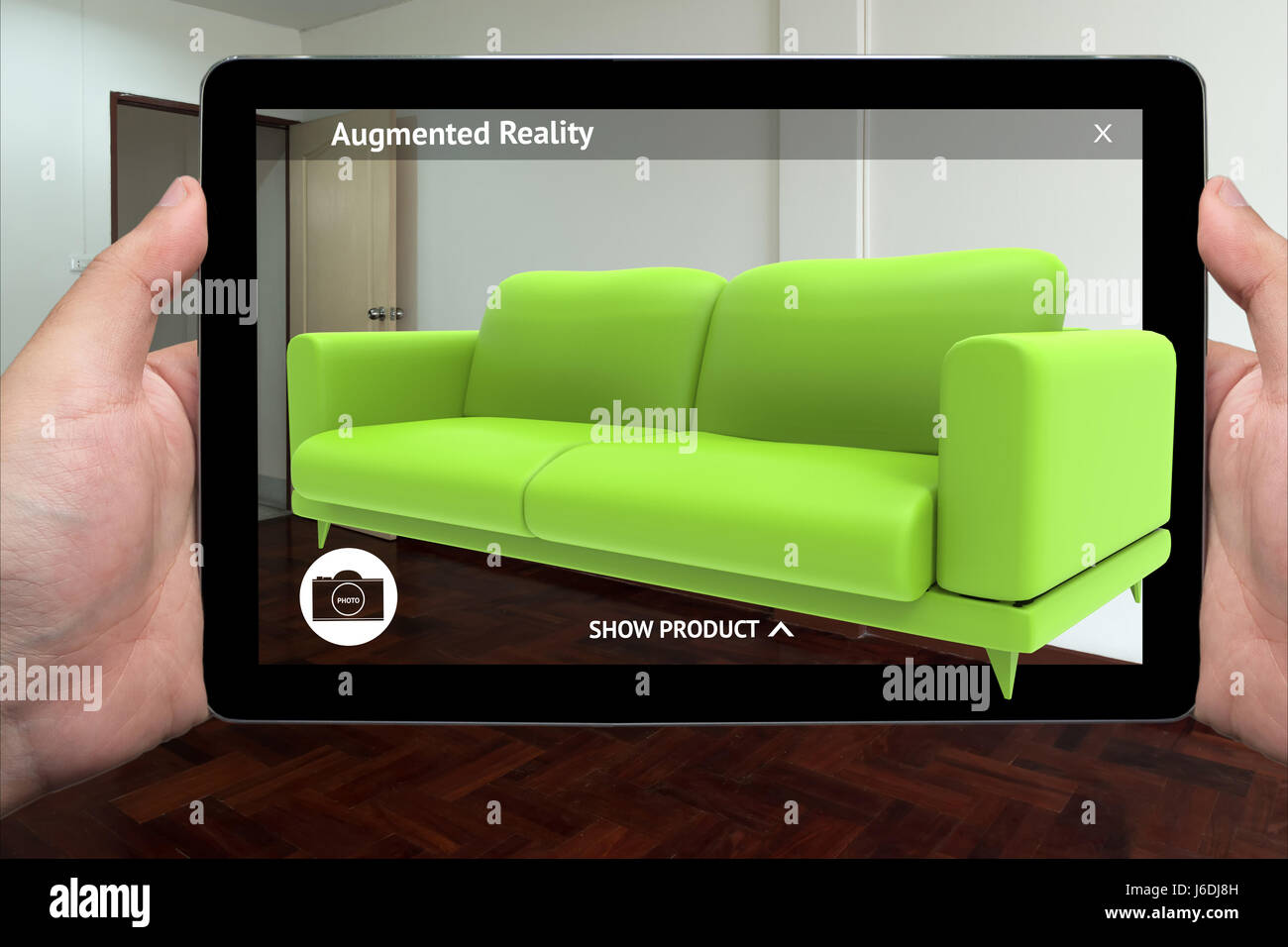 Augmented reality marketing technology concept. Hand holding tablet use ...