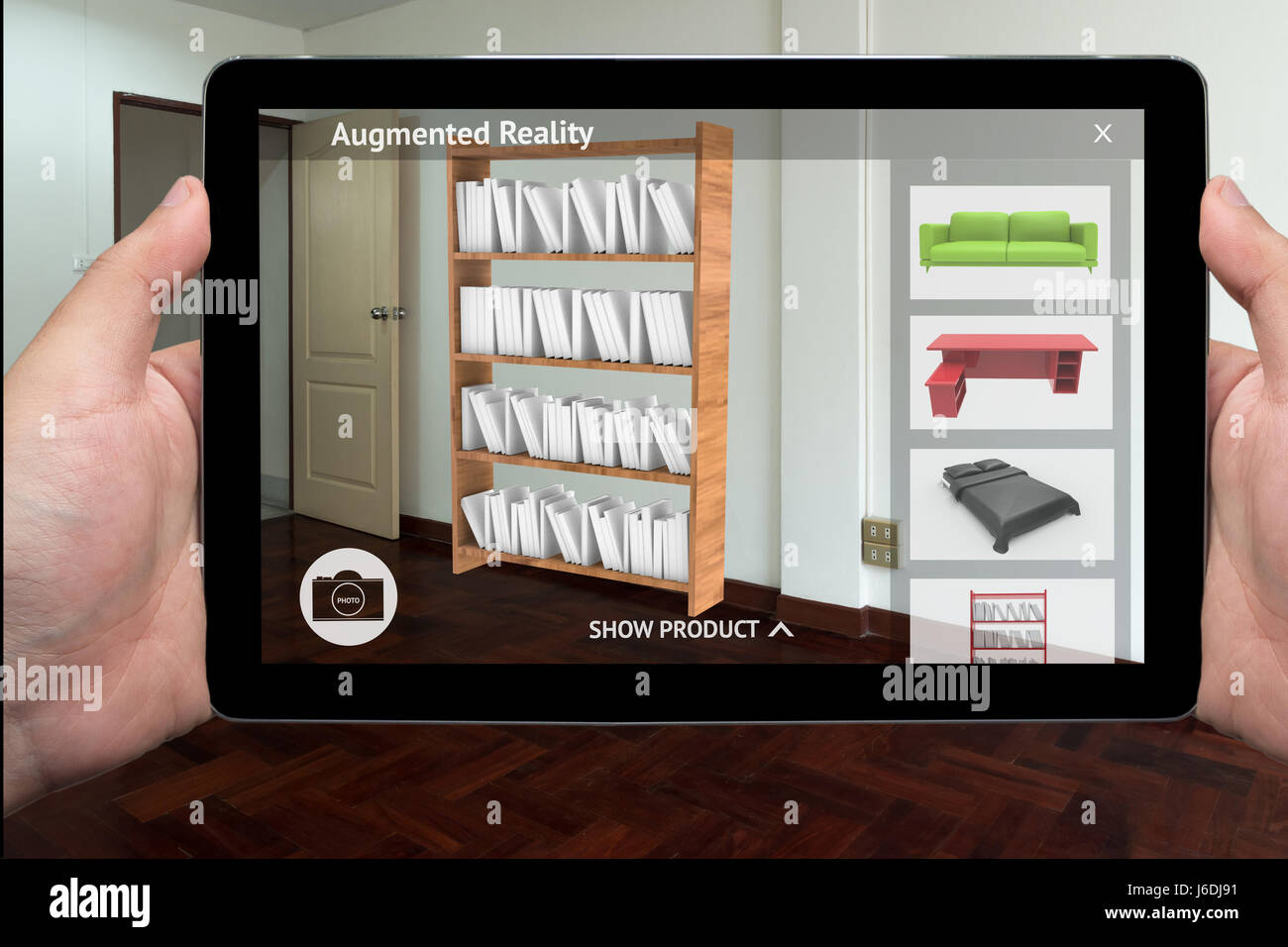 Augmented reality marketing technology concept. Hand holding tablet use ...