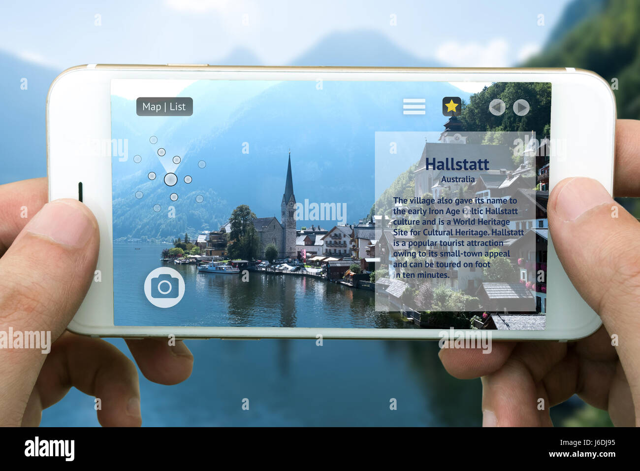 Augmented reality marketing and travel 4.0 concept. Hand holding smart ...