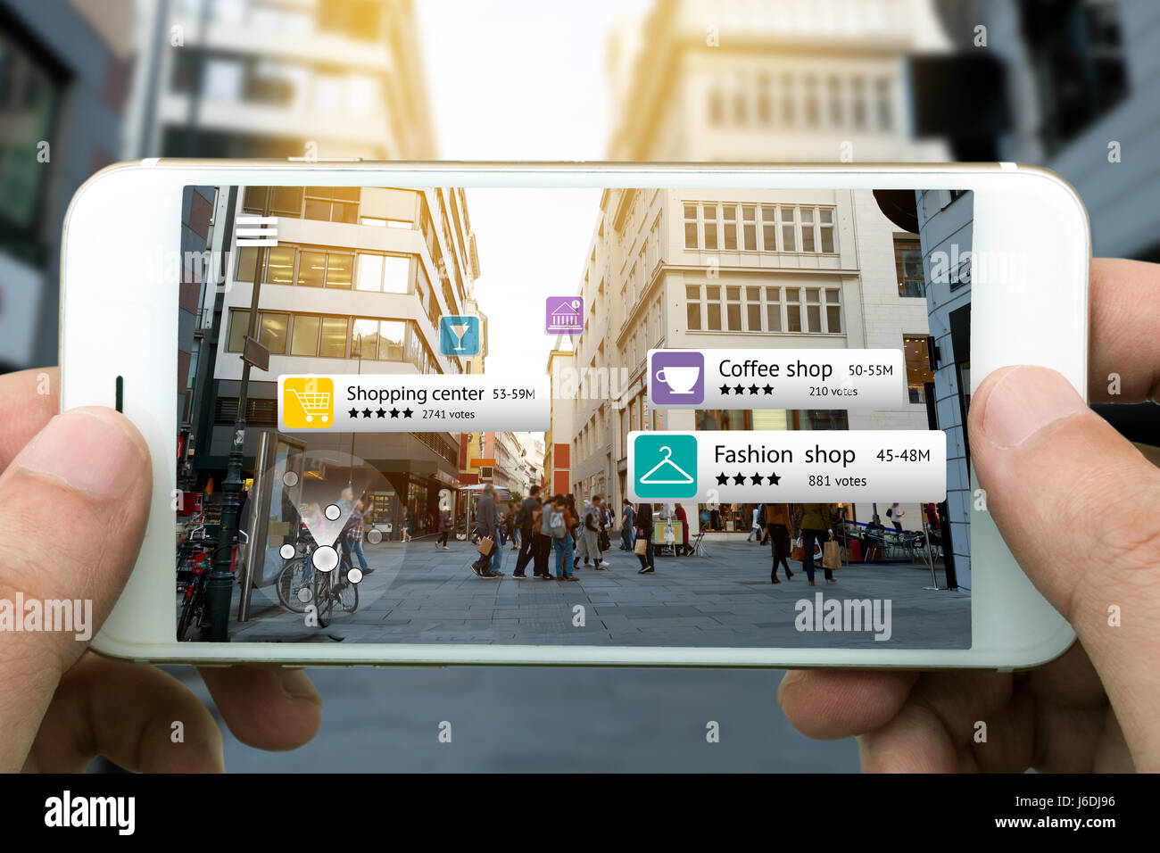 Augmented reality marketing concept. Hand holding smart phone use AR ...