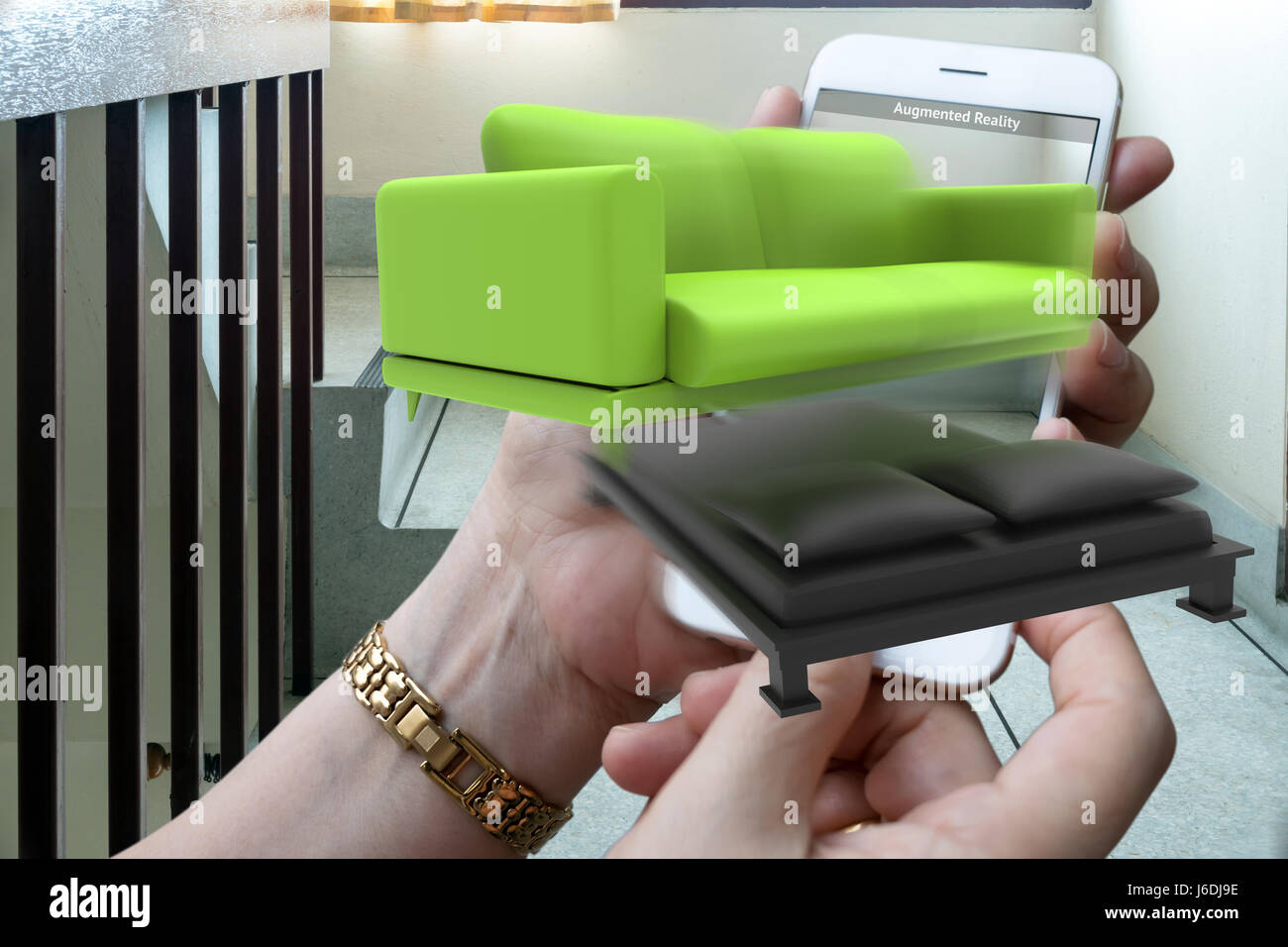 Augmented reality marketing technology concept. Hand holding smart ...