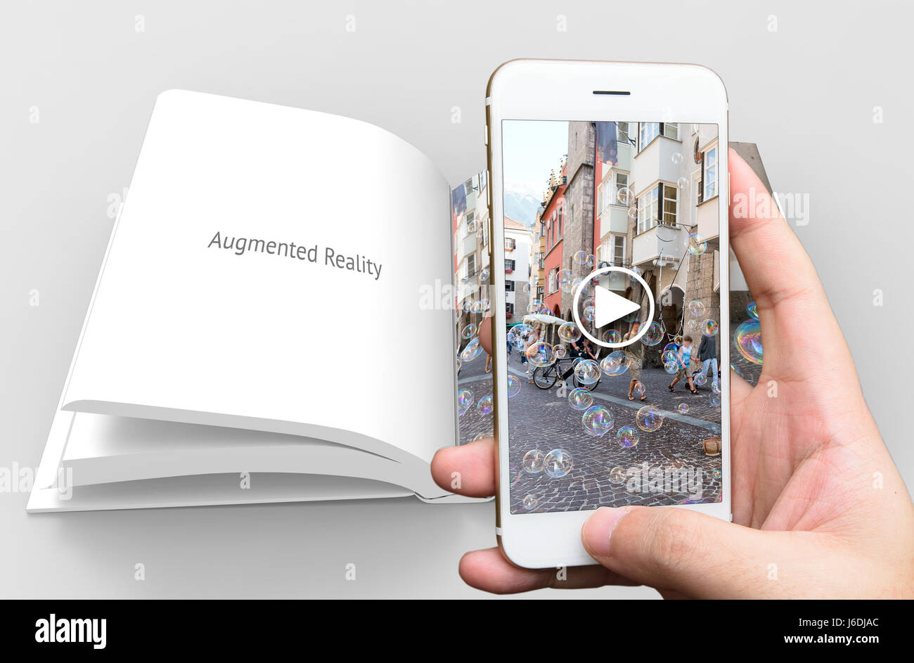 Augmented reality marketing concept. Hand holding smart phone use AR ...