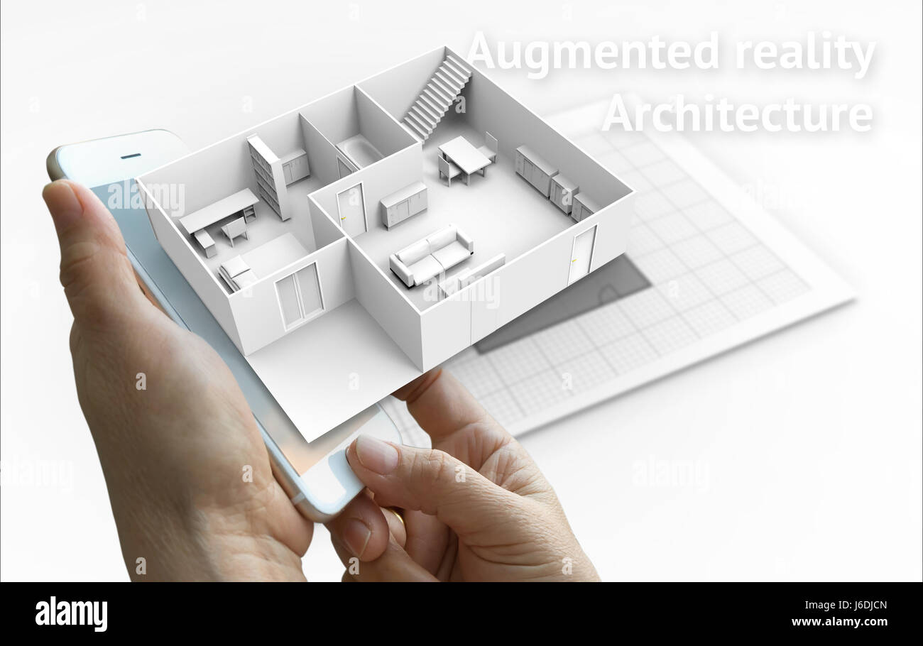 Augmented reality marketing concept for architecture. Hand holding ...