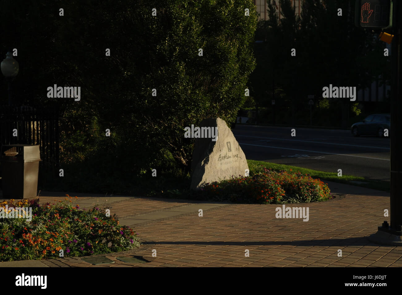 Sun shade view of Triangular Stone Monument at the entrance to Brigham ...