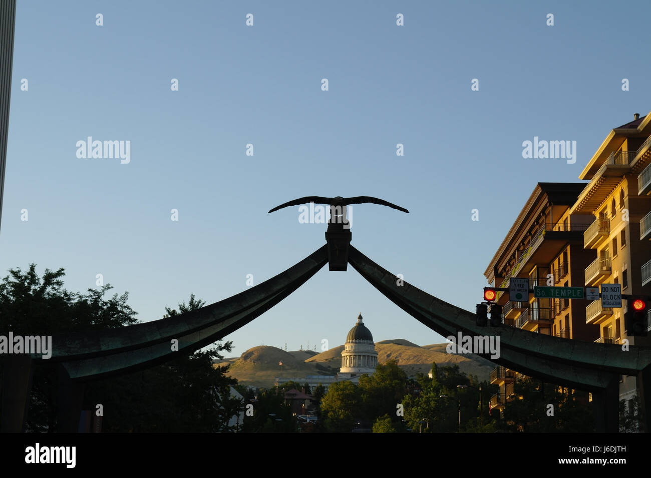 Blue sky view, towards Utah State Capitol Building, Eagle Gate Monument ...