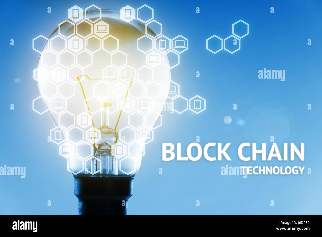 Distributed ledger technology . Light bulb, block chain text and blockchain icons with blue ...