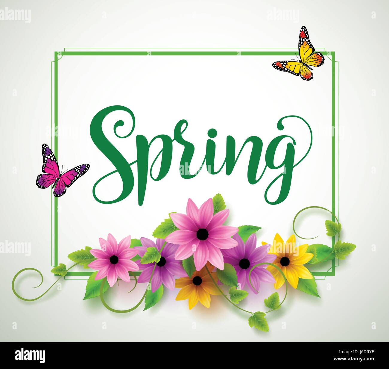Spring vector typography with colorful flowers, leaves, vines and ...