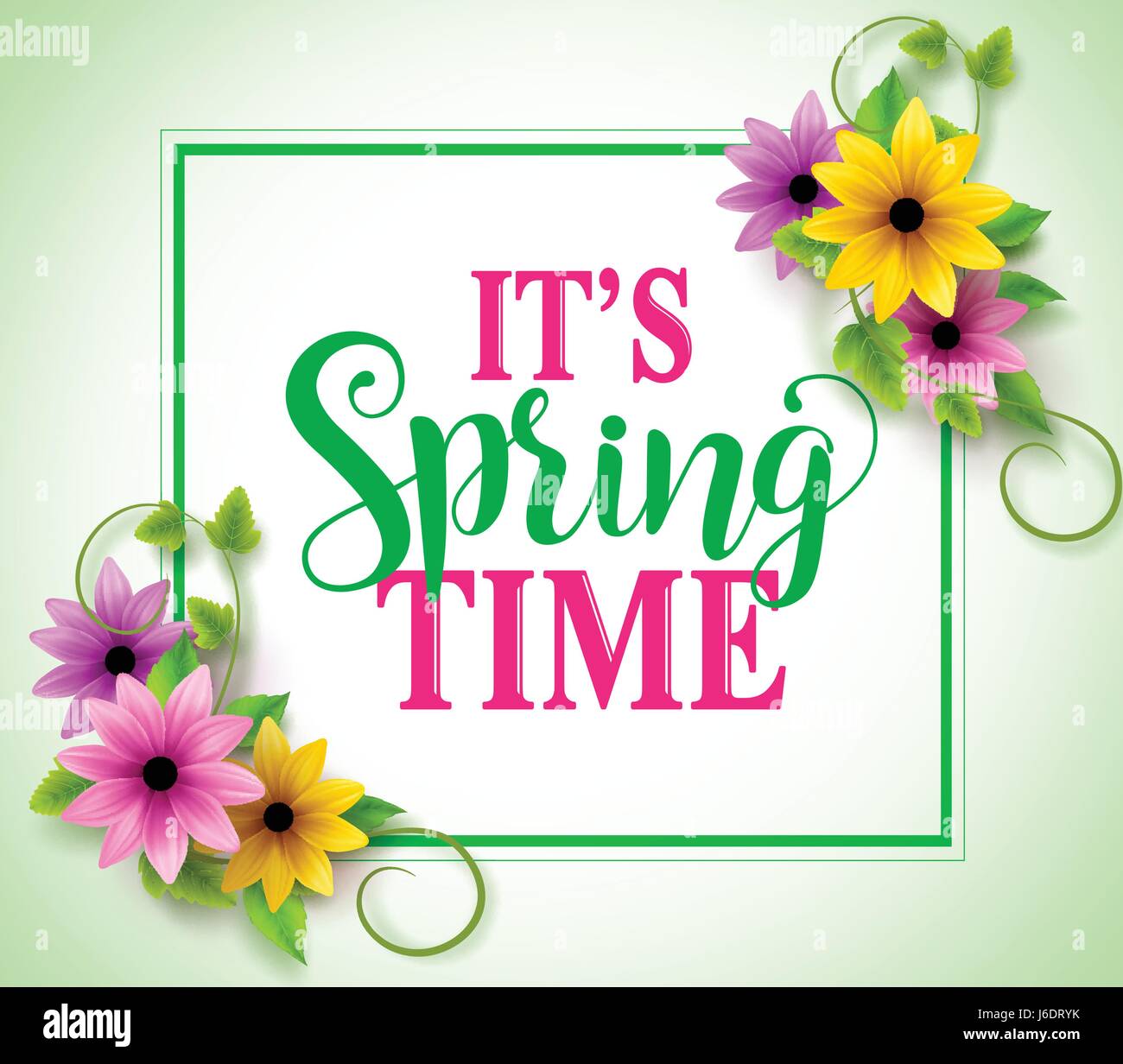 Spring time vector banner with boarder in colorful realistic flowers ...