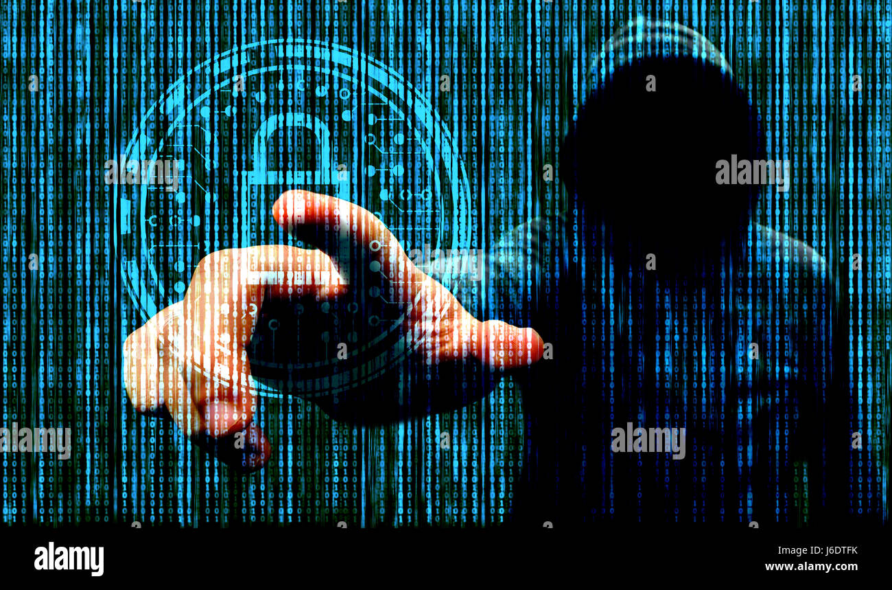 Computer Hacker point finger to a screen and security icon with abstract binary code background ...