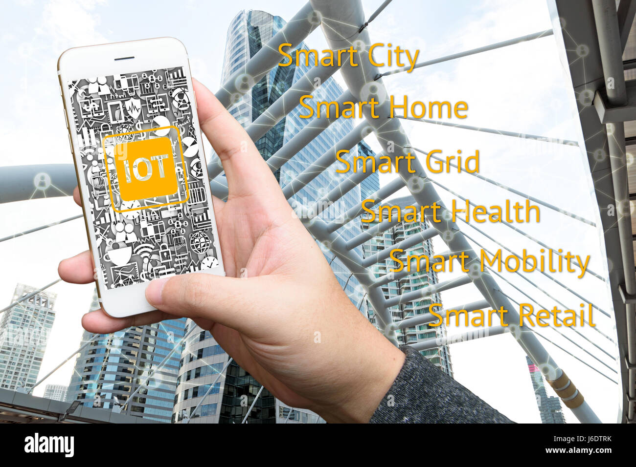 Internet of things concept .Man hand holding smartphone and iot text ...