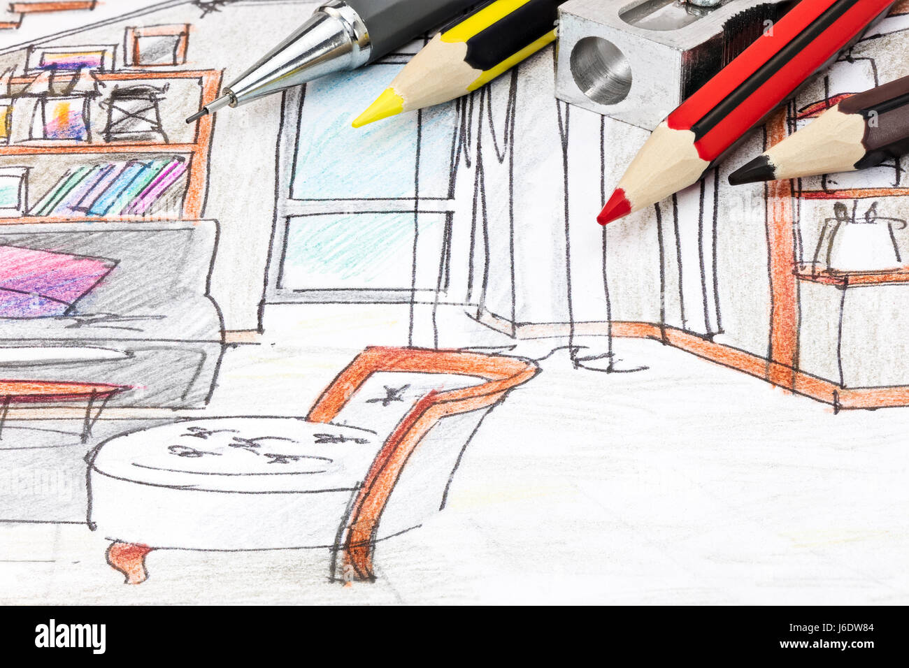 pencils and sharpener on designers graphical sketch for furniture ...
