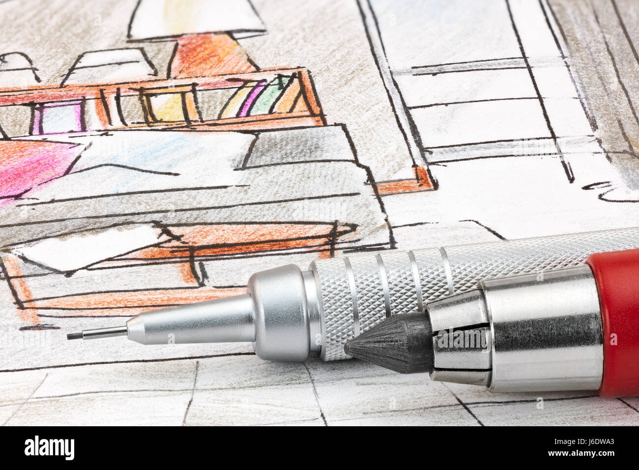 designers colored sketch of modern room interior with mechanical ...