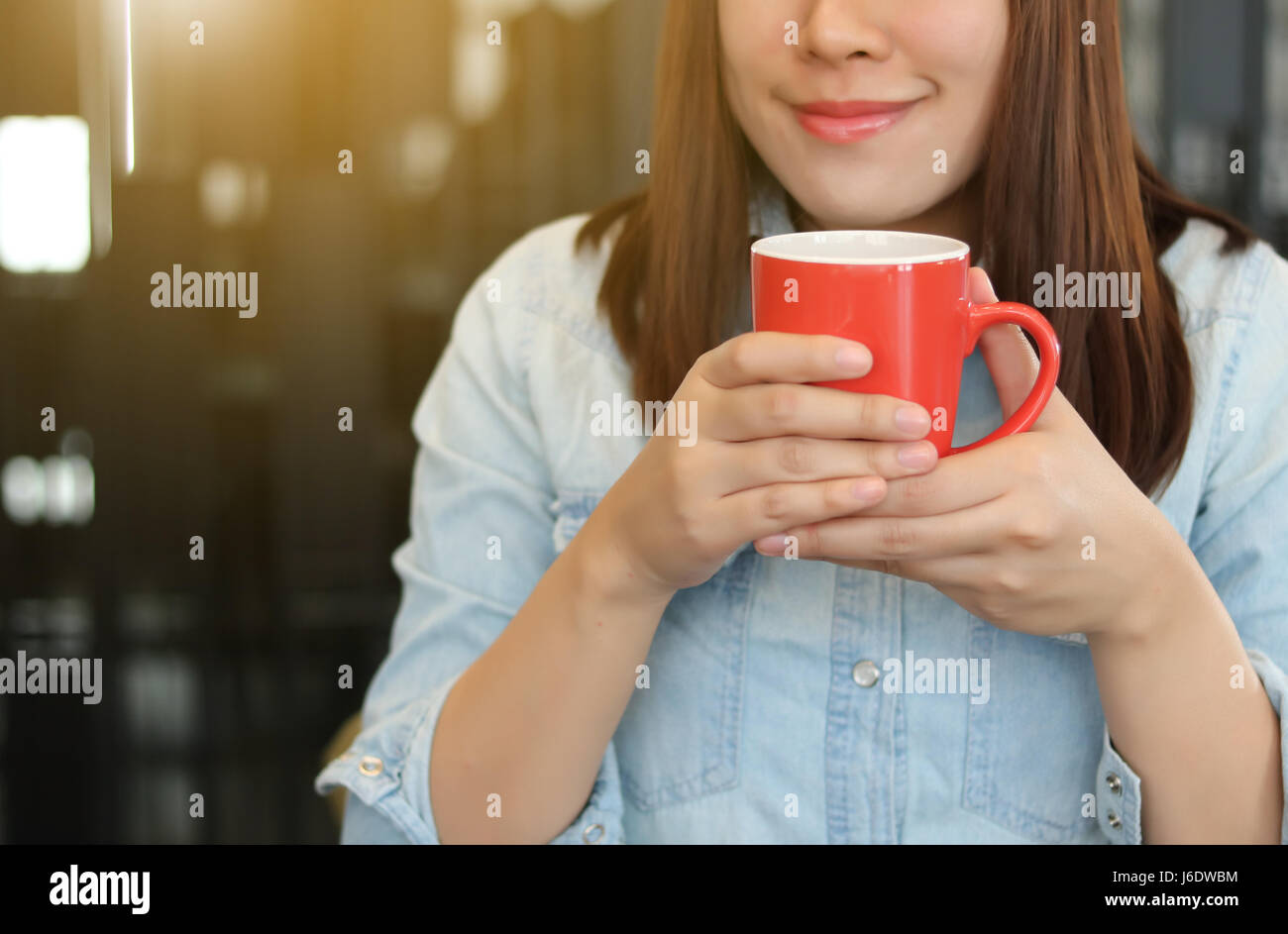 morning coffee. Woman drinking coffee enjoying in the sun, outdoor in ...