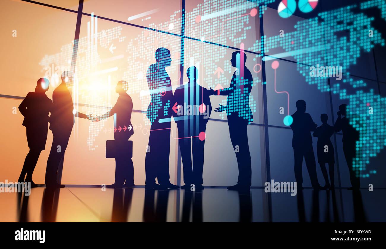 Reflection of silhouettes in the office on a digital display. Business ...