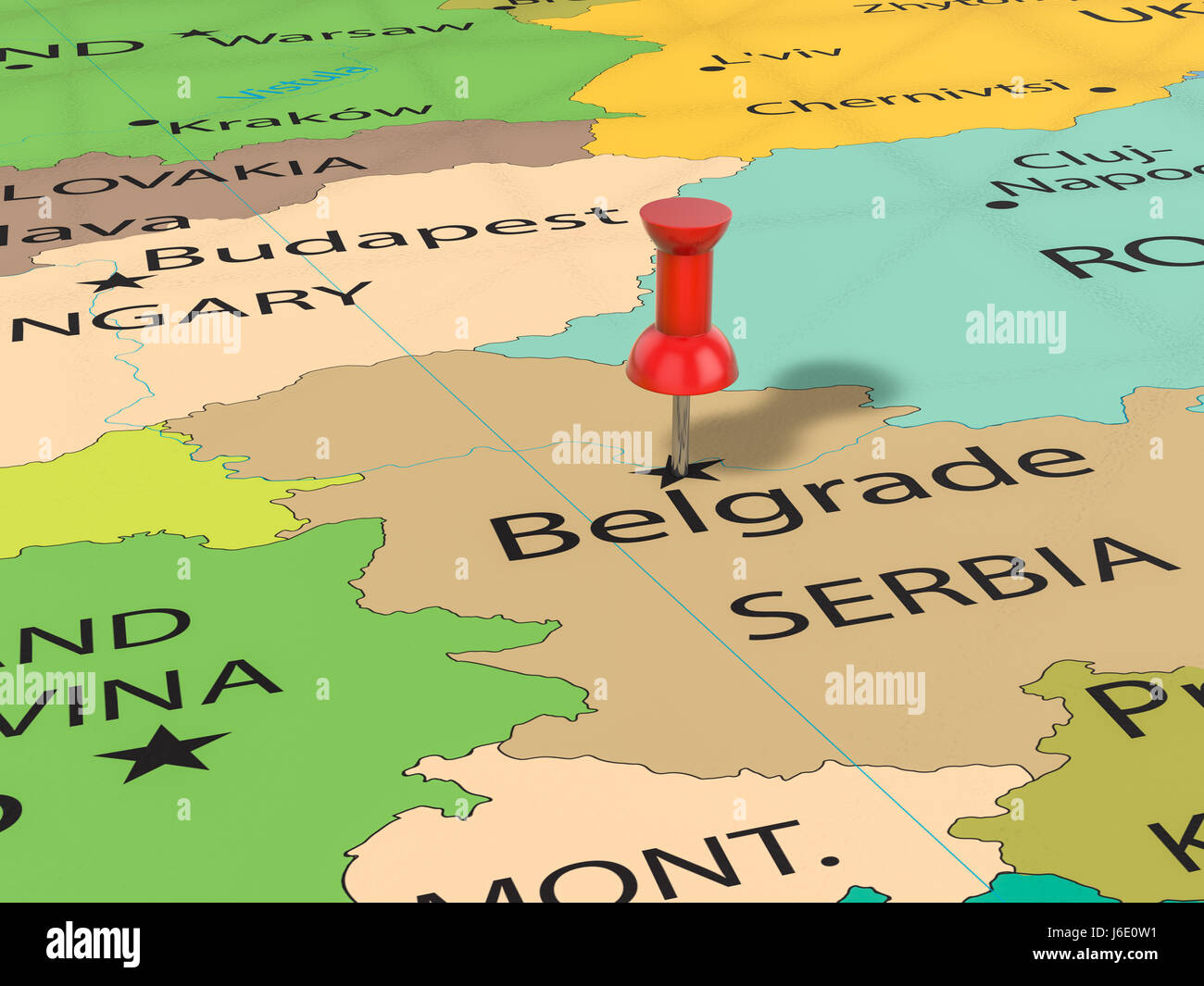 Pushpin on Belgrade map background. 3d illustration Stock Photo - Alamy