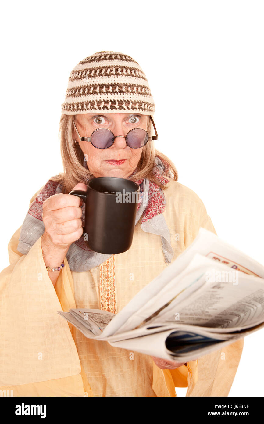 woman newspaper journal cup lady female old coffee elder woman ...