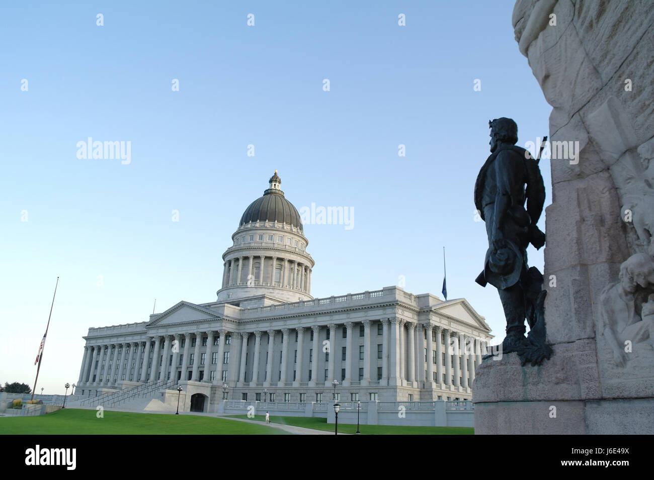 Blue sky view bronze 'Battalion Man' soldier towards Utah State Capitol ...