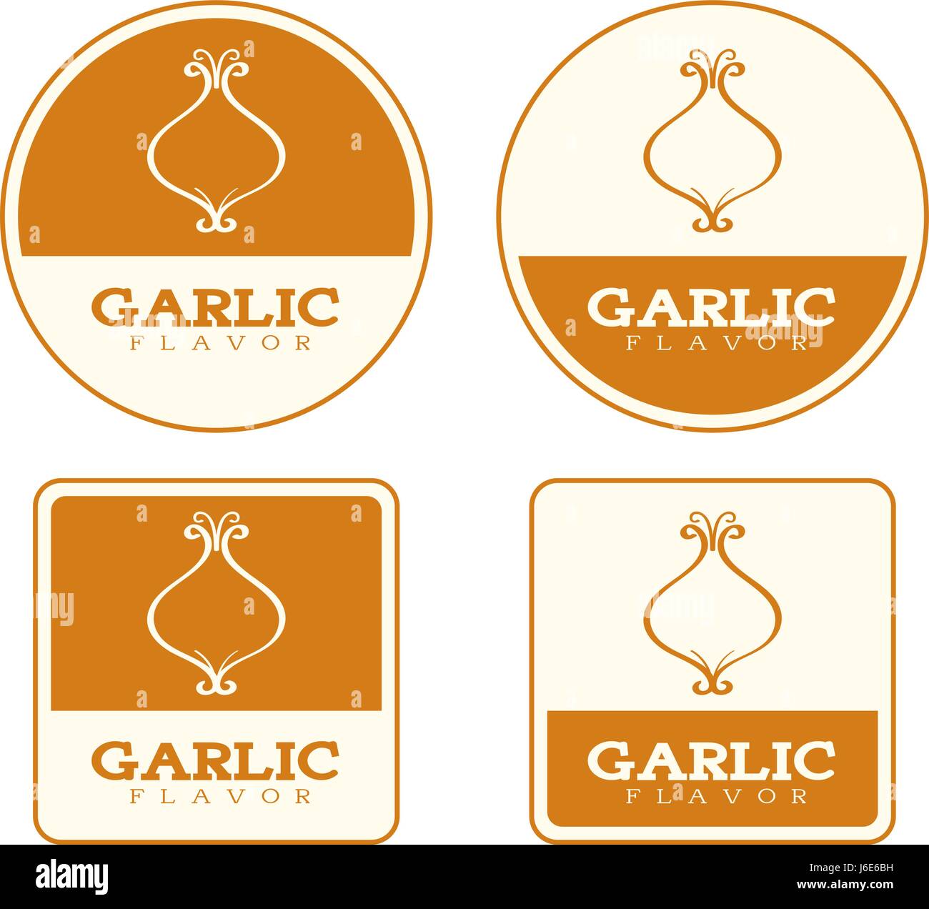 Four food label designs with a garlic theme and illustration Stock ...