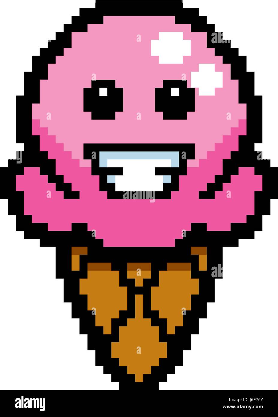An illustration of an ice cream cone smiling in an 8-bit cartoon style ...