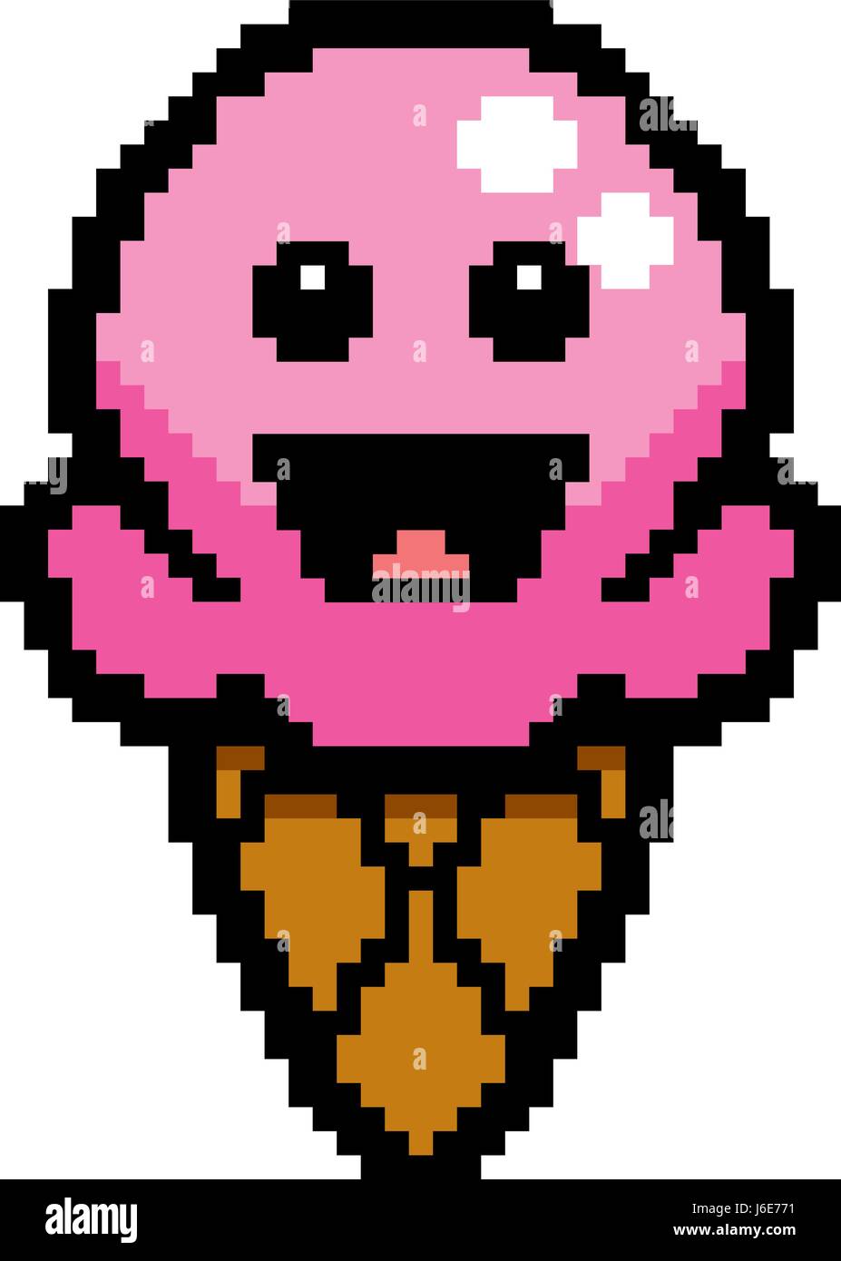 An illustration of an ice cream cone smiling in an 8-bit cartoon style ...